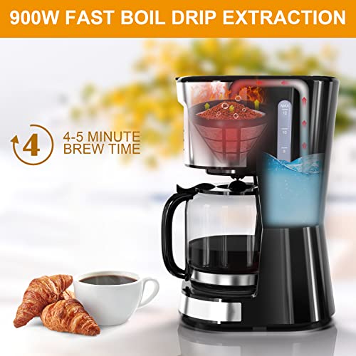 BOSCARE 12-Cup Programmable Coffee Maker: Drip Coffee Maker, Mini Coffee Machine with Auto Shut-off, Strength Control,Black