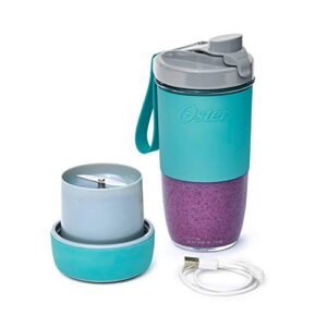 oster blend active portable blender with drinking lid, usb chargeable personal blender, teal