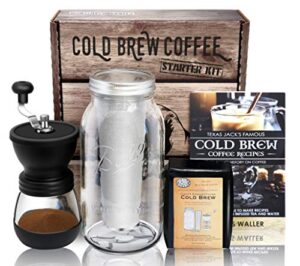 cold brew coffee maker starter kit - half gal mason jar | stainless filter basket | ceramic burr grinder | half pound certified organic whole bean cold brew blend | recipe & instruction book