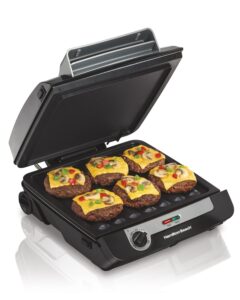 hamilton beach 3-in-1 indoor grill and electric griddle combo and bacon cooker, opens 180 degrees to double cooking space, removable nonstick grids, (25600)