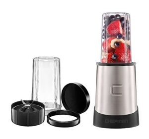 chefman personal ultimate kitchen blender, quick portable blending of shakes, smoothies, baby food & juice, 2 travel cups, cover & drinking rim, 6-piece set, dishwasher-safe stainless-steel blade