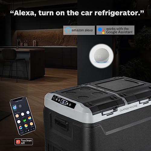 CHANGE MOORE Solar Powered 12v Refrigerator/Freezer, DUAL ZONE 54 Quart(50 L) Dual DOOR , Smart Life/Tuya APP Remote Control, Work with Alexa/Google Home, for Home Vehicles Travel Camping Outdoor -12/24V DC