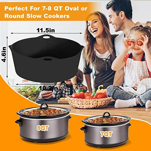 XANGNIER Silicone Slow Cooker Liners for 7,8 Quarts Crockpot,Reusable Silicone Insert with Handle,Unique Spout Design,Leakproof &Easy Clean,Cooking Liner for Oval or Round Crock Pot,Slow Cooker Accessories,Black