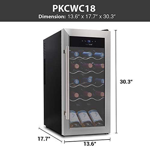 NutriChef 18 Bottle Compressor Wine Cooler Refrigerator | Large Freestanding Wine Cellar For Red, White, Champagne or Sparkling Wine | 41f-64f Digital Temperature Control Fridge Glass Door Black