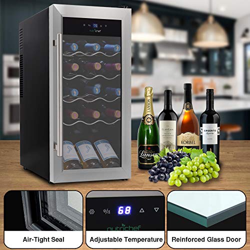 NutriChef 18 Bottle Compressor Wine Cooler Refrigerator | Large Freestanding Wine Cellar For Red, White, Champagne or Sparkling Wine | 41f-64f Digital Temperature Control Fridge Glass Door Black