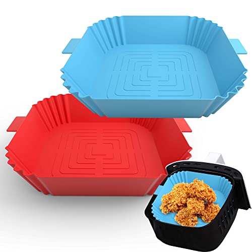 Air Fryer Silicone Liners 2 Pieces Reusable Air Fryer Square Liner for 4 to 7 Qt Heat Resistant Easy Cleaning Air Fryer Silicone Pot for Air Fryer Accessories (Red+Bule)