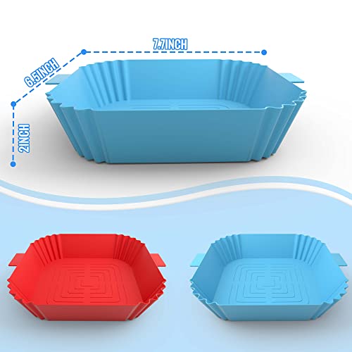 Air Fryer Silicone Liners 2 Pieces Reusable Air Fryer Square Liner for 4 to 7 Qt Heat Resistant Easy Cleaning Air Fryer Silicone Pot for Air Fryer Accessories (Red+Bule)