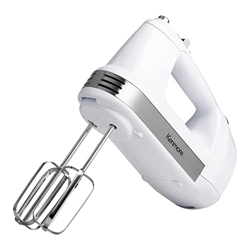 Kenmore 5-Speed Hand Mixer/Blender, 250 Watts, with Beaters, Dough Hooks, Liquid Blending Rod, Automatic Cord Retract, Burst Control, and Clip-On Accessory Storage