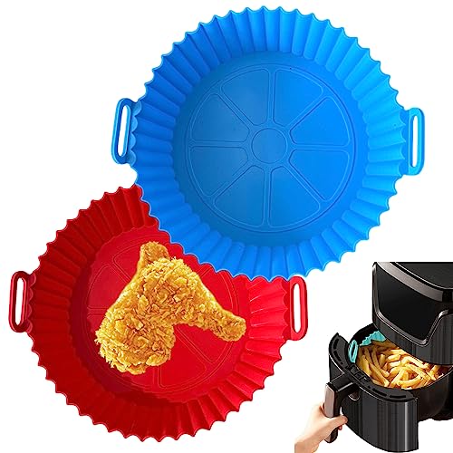 2-Pack Air Fryer Silicone Liners Pot for 3 to 5 QT, Air Fryer Silicone Basket Bowl, Reusable Baking Tray Oven Accessories (Top 8in, Bottom 6.75in,Red and Blue)