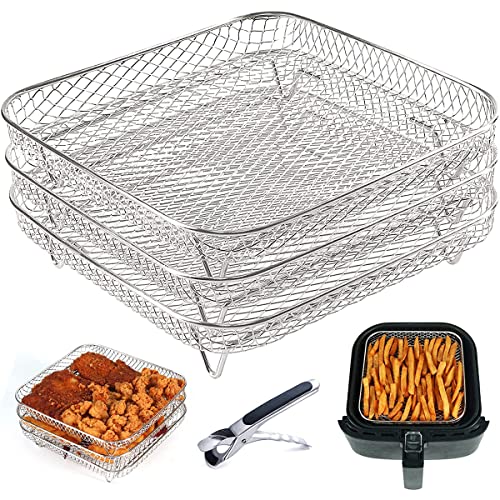 8 inch Square Air Fryer Rack, Set of 3, Stackable Multi-Layer Stainless Steel Dehydrator Rack, Square Air Fryer Accessories for Cosori, Instant Vortex, Nuwave Air Fryer