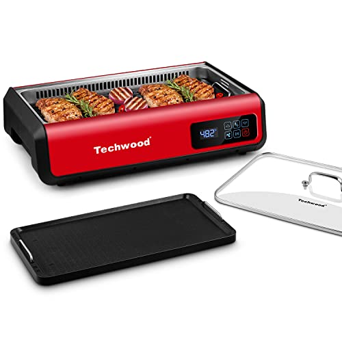 Indoor Smokeless Grill, Techwood 1500W Electric Grill with Tempered Glass Lid & LED Smart Control Panel, 8-Level Control Korean BBQ Grill with Removable Grill/Griddle Plate, Stainless Steel (Red)