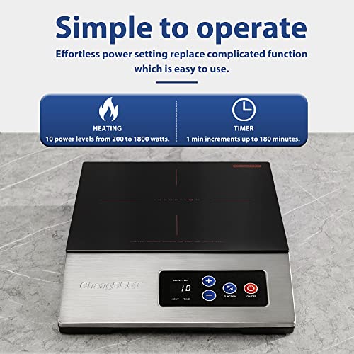 ChangBERT 1800W Induction Cooktop, Portable, Large 8” Heating Coil, 12” Heat-Resistant Cooking Surface, 18/10 Stainless Steel Commercial Grade NSF Certificated Pro Chef Professional Burner for Restaurant