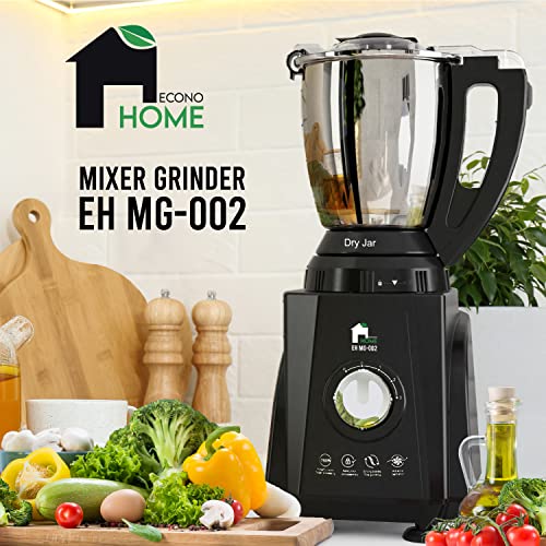 EconoHome Mixer Grinder - Electric Mixer Grinder for Asian Cooking, Food Prep - Includes Liquidizing Jar, Dry & Wet Grinder Jar, Chutney Jar, Lids & Spatula - 750W Motor, Stainless Steel 304 Blades