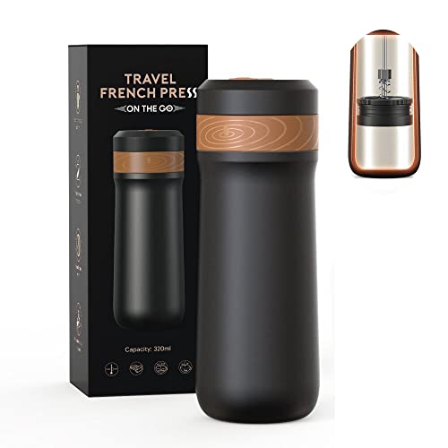 i cafilas Portable French Press Coffee Maker with Unique Filter Vacuum Insulated Travel Coffee Mug 12oz Hot/Cold Brew Coffee Press Stainless Steel Coffee & Tea Maker Great for Camping and Travel