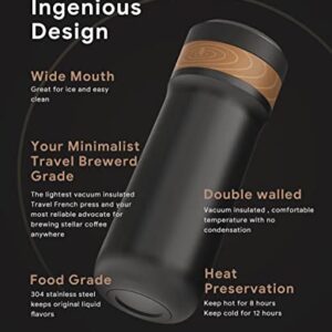 i cafilas Portable French Press Coffee Maker with Unique Filter Vacuum Insulated Travel Coffee Mug 12oz Hot/Cold Brew Coffee Press Stainless Steel Coffee & Tea Maker Great for Camping and Travel