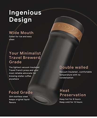 i cafilas Portable French Press Coffee Maker with Unique Filter Vacuum Insulated Travel Coffee Mug 12oz Hot/Cold Brew Coffee Press Stainless Steel Coffee & Tea Maker Great for Camping and Travel