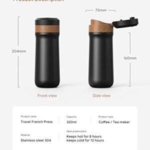 i cafilas Portable French Press Coffee Maker with Unique Filter Vacuum Insulated Travel Coffee Mug 12oz Hot/Cold Brew Coffee Press Stainless Steel Coffee & Tea Maker Great for Camping and Travel