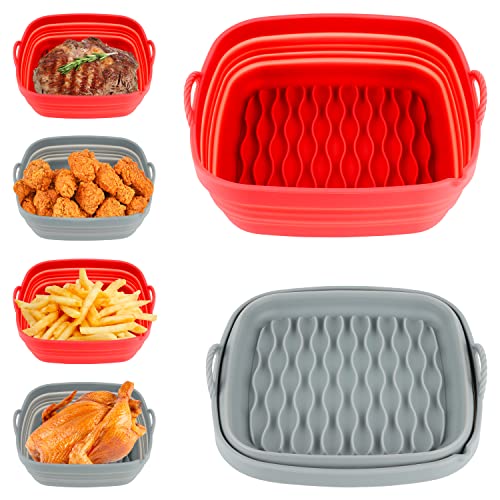 NaiKit's Red 8 IN Reusable Silicone Air Fryer Square Liners for Basket Size 6.5 QT and above. Non-stick, food safe, great instant pot airfryer kitchen accessories