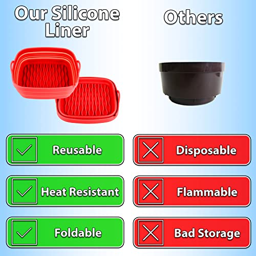 NaiKit's Red 8 IN Reusable Silicone Air Fryer Square Liners for Basket Size 6.5 QT and above. Non-stick, food safe, great instant pot airfryer kitchen accessories