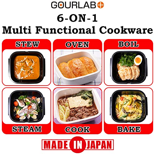 GOURLAB+ Microwave Cookware 6 in 1 Anyday Cookware Freezer & Oven Safe, Japanese Rice Cooker, Ramen Microwave Steamer Microwave Bacon Cooker (White) - Made in Japan