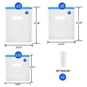 Reusable Sous Vide Bags, 20 PCS 3 Sizes (10 Pcs 8.5"x8", 5 Pcs 11"x 10" and 5 Pcs 13.5"x 10") Vacuum Sealer Zipper Bags for Food Storage, 3-in-1 Large Sous Vide Vacuum Bag for Meal Prep or Storage