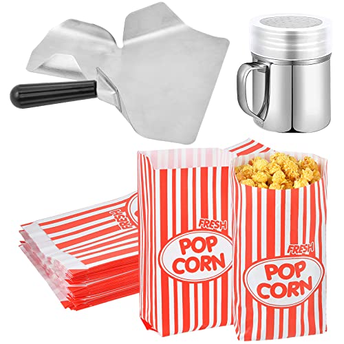 Elesunory 202Pcs Popcorn Machine Supplies Set- 1Pcs Kernel Sifting Speed Scoop 1Pcs Seasoning Dredge 200Pcs Popcorn Bags- Popcorn Kit for Commercial and Home Use (2 Oz)