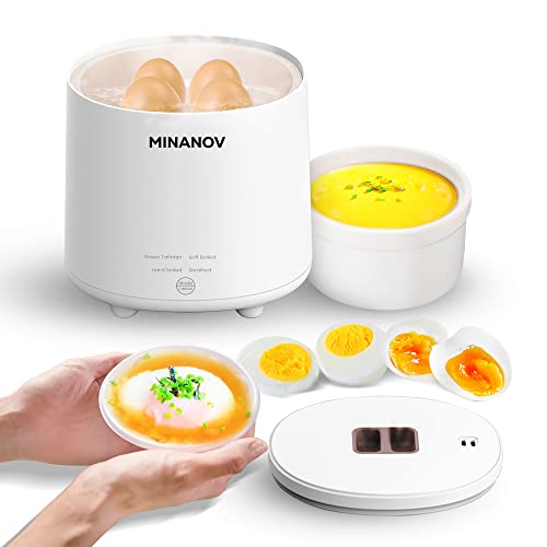 MINANOV Electric egg Cooker - 4 Egg Capacity Rapid Egg Cooker for Hard Boiled, Soft Boiled, Steamed Egg, Onsen Tamago - Smart Cooker for Kitchen, Dorm and Camping with Auto Power-off and Beep Alarm