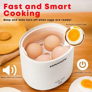 MINANOV Electric egg Cooker - 4 Egg Capacity Rapid Egg Cooker for Hard Boiled, Soft Boiled, Steamed Egg, Onsen Tamago - Smart Cooker for Kitchen, Dorm and Camping with Auto Power-off and Beep Alarm