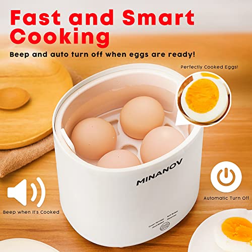 MINANOV Electric egg Cooker - 4 Egg Capacity Rapid Egg Cooker for Hard Boiled, Soft Boiled, Steamed Egg, Onsen Tamago - Smart Cooker for Kitchen, Dorm and Camping with Auto Power-off and Beep Alarm