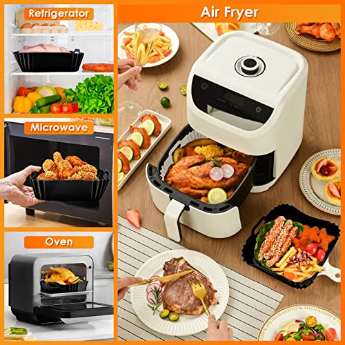 Air Fryer Liners – Durable Air Fryer Silicone Liners – Air Fryer Liners Square with Practical Handles – Dishwasher and Oven Friendly Silicone Air Fryer Basket – 2pcs (Black+Grey)