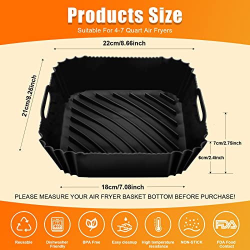 Air Fryer Liners – Durable Air Fryer Silicone Liners – Air Fryer Liners Square with Practical Handles – Dishwasher and Oven Friendly Silicone Air Fryer Basket – 2pcs (Black+Grey)