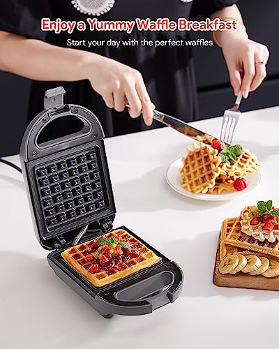 Mini Waffle Maker, Small Waffle Iron Machine Stuffed Non-Stick for Kinds, Breakfast Square Compact Design Tiny, Fast Heat Up, Keto Chaffles, Grilled Cheese, Snack, Gray 600W BEZIA