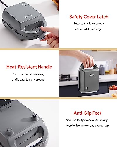 Mini Waffle Maker, Small Waffle Iron Machine Stuffed Non-Stick for Kinds, Breakfast Square Compact Design Tiny, Fast Heat Up, Keto Chaffles, Grilled Cheese, Snack, Gray 600W BEZIA