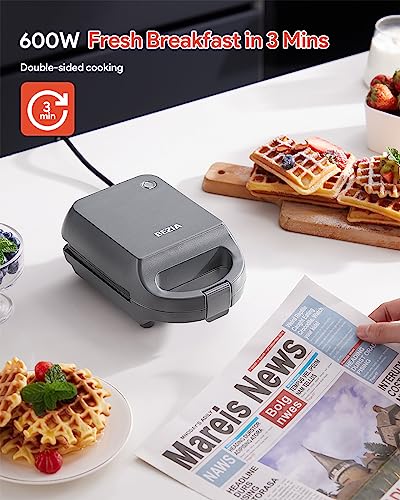 Mini Waffle Maker, Small Waffle Iron Machine Stuffed Non-Stick for Kinds, Breakfast Square Compact Design Tiny, Fast Heat Up, Keto Chaffles, Grilled Cheese, Snack, Gray 600W BEZIA