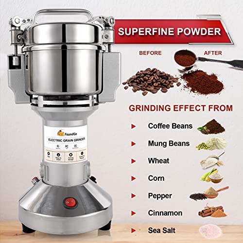 FoundGo Grain Mill Electric Grinder Cereals Pulverizer Spice Grinding Powder Machine Corn Flour Grinders for Dry Spices Seeds Herbs Grains Coffee Rice Pepper, Commercial Grade 150g