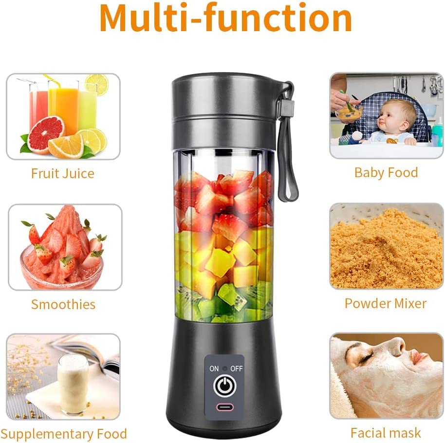 Powerful Portable Blender, Personal Size Blender for Shakes and Smoothies, Mini Rechargeable Shaker with 6 Blades, 14OZ for Kitchen, Travel, or Gym(Black)