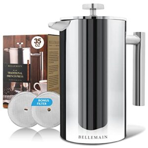 bellemain french press coffee maker extra filters included, 35 oz, stainless steel