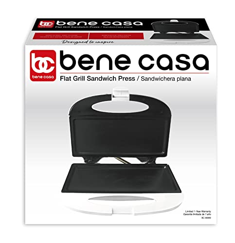 Bene Casa - White Nonstick Flat Grill Sandwich Maker - Includes Cool-touch Handles and Die Cast Aluminum Cooking Surface