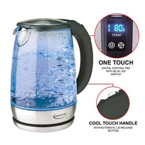 Betty Crocker Electric Tea Kettle, Glass with Temperature Control, Stainless Steel Body and LED Display, 1.7 Liters