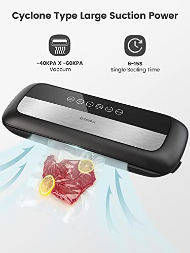 TRUDIN Food Vacuum Sealer Machine With 【Dry & Moist】 Sealing Modes, Automatic Vacuum Sealer for Food Preservation With Starter Kit, Built in Cutter, Led Indicator, Easy to Clean Storage