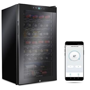 ivation 34 bottle compressor wine cooler refrigerator with wi-fi smart app control cooling system | large freestanding wine cellar fridge for red white champagne or sparkling, black glass door & lock