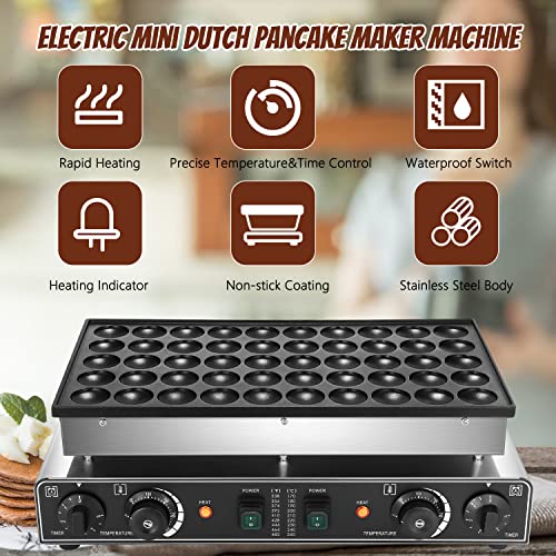 Moongiantgo Mini Dutch Pancake Maker 50PCS, Commercial Non-stick Pancake Baker Machine 50-300℃ Temp and 0-5 Time Control Electric Muffin Maker Stainless Steel for Home and Restaurants, 110V