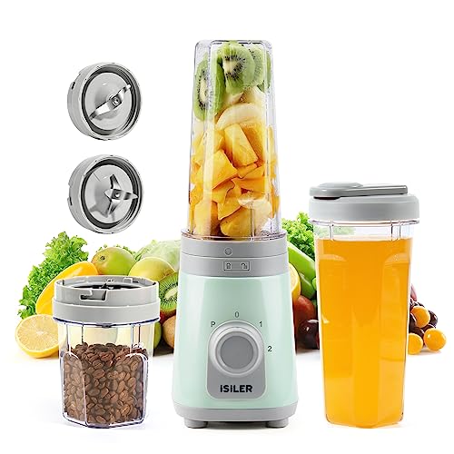 iSiLER Personal Blender, 300W Portable Blender for Shakes Smoothies with 20 Oz Travel Cup, Smoothies Maker Mixer for Protein Frozen Ice Baby Food, Grinder for Coffee beans with 10 Oz Cup BPA free