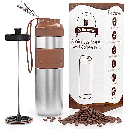 Betterbrew Travel French Press Coffee Maker | Portable Insulated Coffee Press with Plunger for Travel, Commuting and Outdoors | Stainless Steel Cup for Proper Coffee To Go! (13 oz)