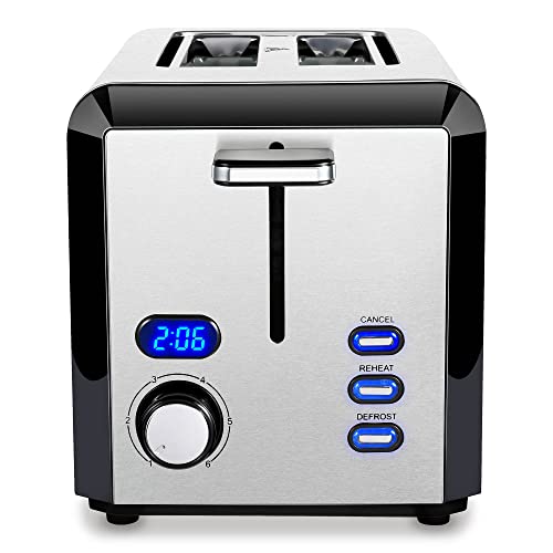 Toaster 2 Slice Stainless Steel Digital Toaster with Countdown Timer, Easy to Use, 800W, 6 Toast Settings, Reheat, Defrost, Cancel Functions, Removable Crumb Tray, Extra Wide Slots Bread Toaster