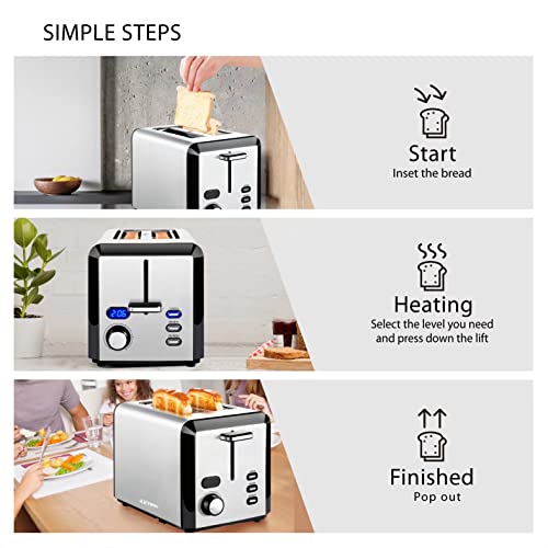 Toaster 2 Slice Stainless Steel Digital Toaster with Countdown Timer, Easy to Use, 800W, 6 Toast Settings, Reheat, Defrost, Cancel Functions, Removable Crumb Tray, Extra Wide Slots Bread Toaster