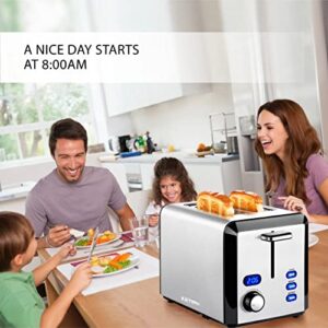 Toaster 2 Slice Stainless Steel Digital Toaster with Countdown Timer, Easy to Use, 800W, 6 Toast Settings, Reheat, Defrost, Cancel Functions, Removable Crumb Tray, Extra Wide Slots Bread Toaster