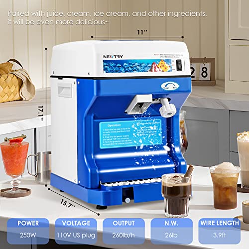 NEWTRY Commercial Ice Shaver Machine Electric Ice Cube Crusher Snow Cone Maker Thickness Adjustable 260lb/h for Small Ice Cubes Summer Parties Bar Use 110V US