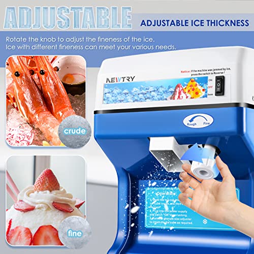 NEWTRY Commercial Ice Shaver Machine Electric Ice Cube Crusher Snow Cone Maker Thickness Adjustable 260lb/h for Small Ice Cubes Summer Parties Bar Use 110V US