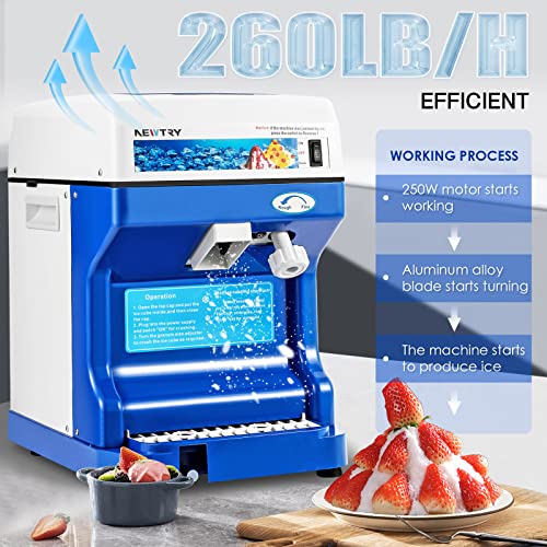 NEWTRY Commercial Ice Shaver Machine Electric Ice Cube Crusher Snow Cone Maker Thickness Adjustable 260lb/h for Small Ice Cubes Summer Parties Bar Use 110V US